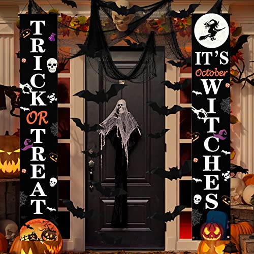 21 Pcs Halloween Decorations Outdoor Set - 3 Pcs Creepy Cloth, 16 Pcs 3D Bats Halloween Wall Stickers, 2 Pcs Trick or Treat & It's October Witches Front Porch Banners for Halloween Porch Decor