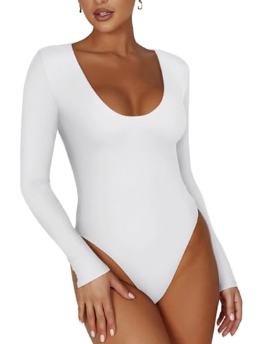 REORIA Women's Fall Fashion Sexy Scoop Neck Long Sleeve Double Lined Basic Leotards Tops Night Out Bodysuits White Plus Size XX-Large