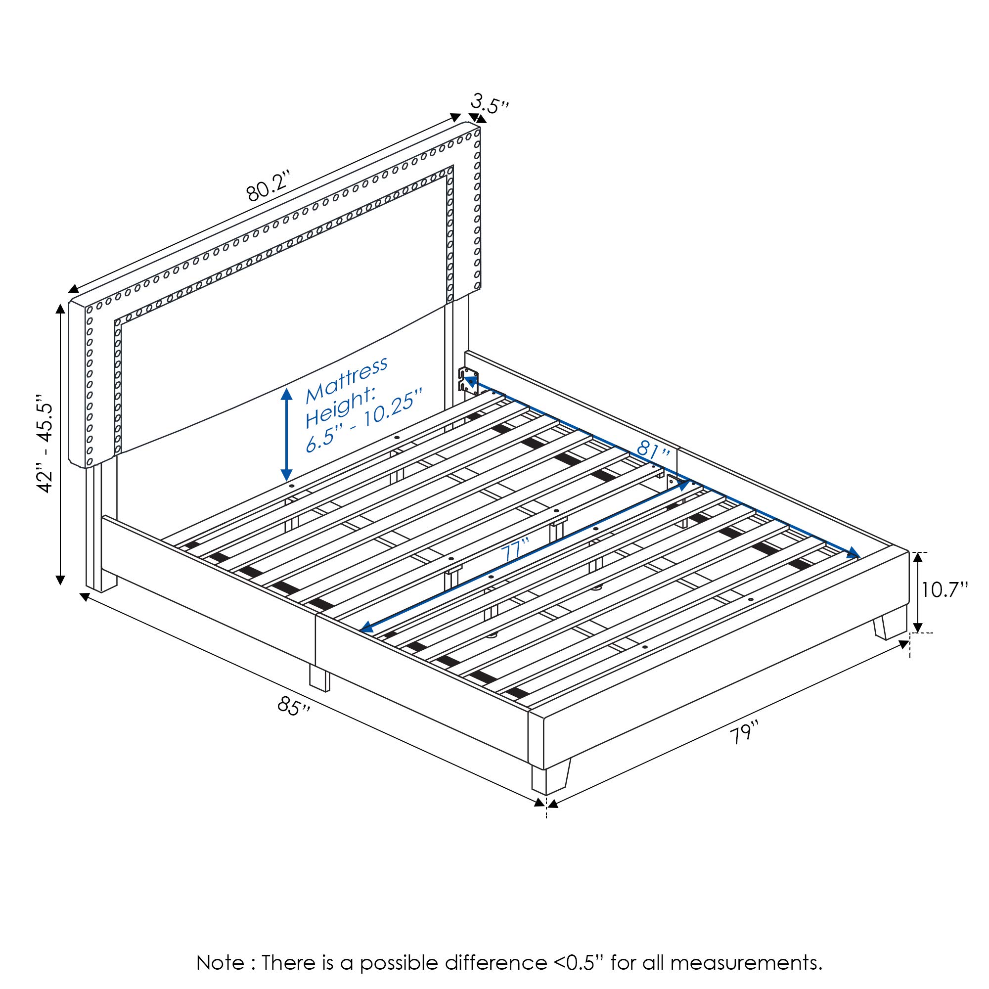 Furinno Laval Double Row Nail Head Upholstered Platform Bed Frame, King, Glacier