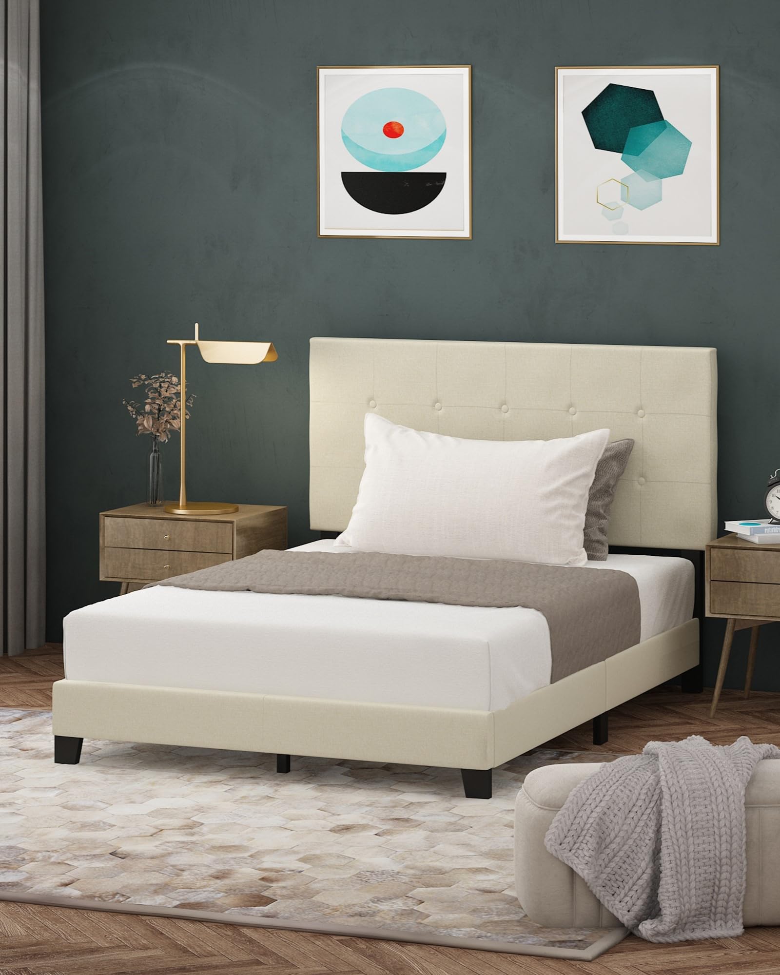 Furinno Laval Button Tufted Upholstered Platform Bed Frame, Full, Linen