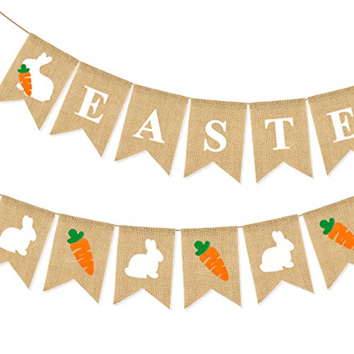 Burlap Easter Banner Easter Bunny Banner Easter Decorations Burlap Bunting Photo Props for Spring Themed Party Favors Supplies, Happy Easter Day Home Decor for Mantle Fireplace
