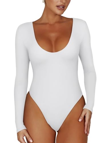REORIA Women's Fall Fashion Sexy Scoop Neck Long Sleeve Double Lined Basic Leotards Tops Night Out Bodysuits White Plus Size XX-Large