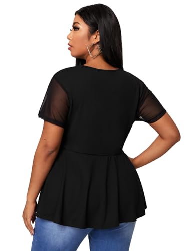 SOLY HUX Womens Plus Size Sexy Tops Criss Cross Blouses V Neck Short Sleeve Shirts Pure Black 2XL