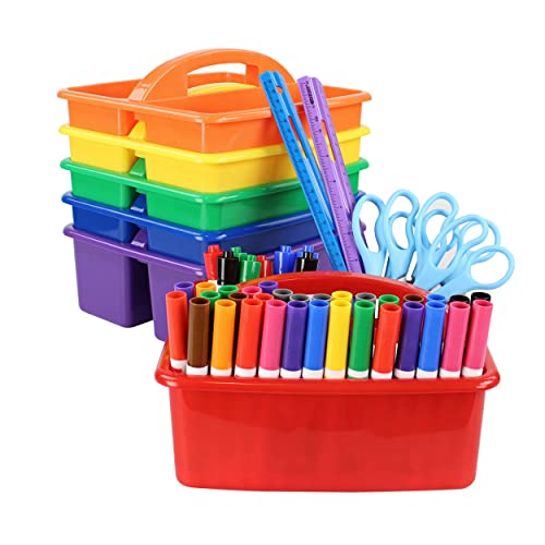 CraftyBook Art Supply Storage Organizer Set - Colorful Assorted Set of 6 Bin Baskets Stackable Plastic Classroom and Utility Caddy Organizer with Handles and 3 Compartments