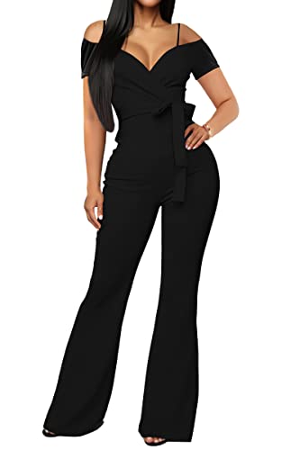 Women's Jumpsuit Elegant Sexy V Neck off Shoulder High Waisted Flared Pants Casual Rompers Party Clubwear with Belt Black 2XL