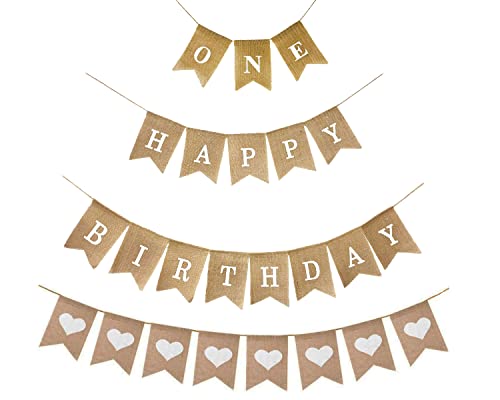 Shimmer Anna Shine Happy Birthday Burlap Banner, Hearts Burlap Banner and First Birthday ONE High Chair Banner for Baby Boy and Girl Cake Decor for Birthday Party Decorations (White Print)