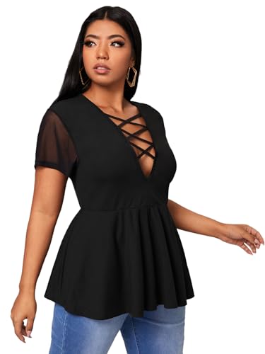 SOLY HUX Womens Plus Size Sexy Tops Criss Cross Blouses V Neck Short Sleeve Shirts Pure Black 2XL