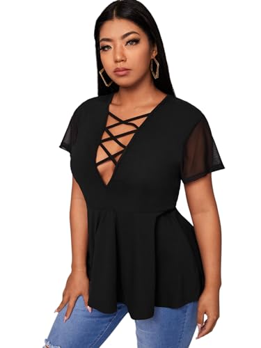 SOLY HUX Womens Plus Size Sexy Tops Criss Cross Blouses V Neck Short Sleeve Shirts Pure Black 2XL
