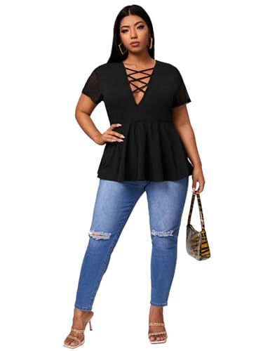 SOLY HUX Womens Plus Size Sexy Tops Criss Cross Blouses V Neck Short Sleeve Shirts Pure Black 2XL
