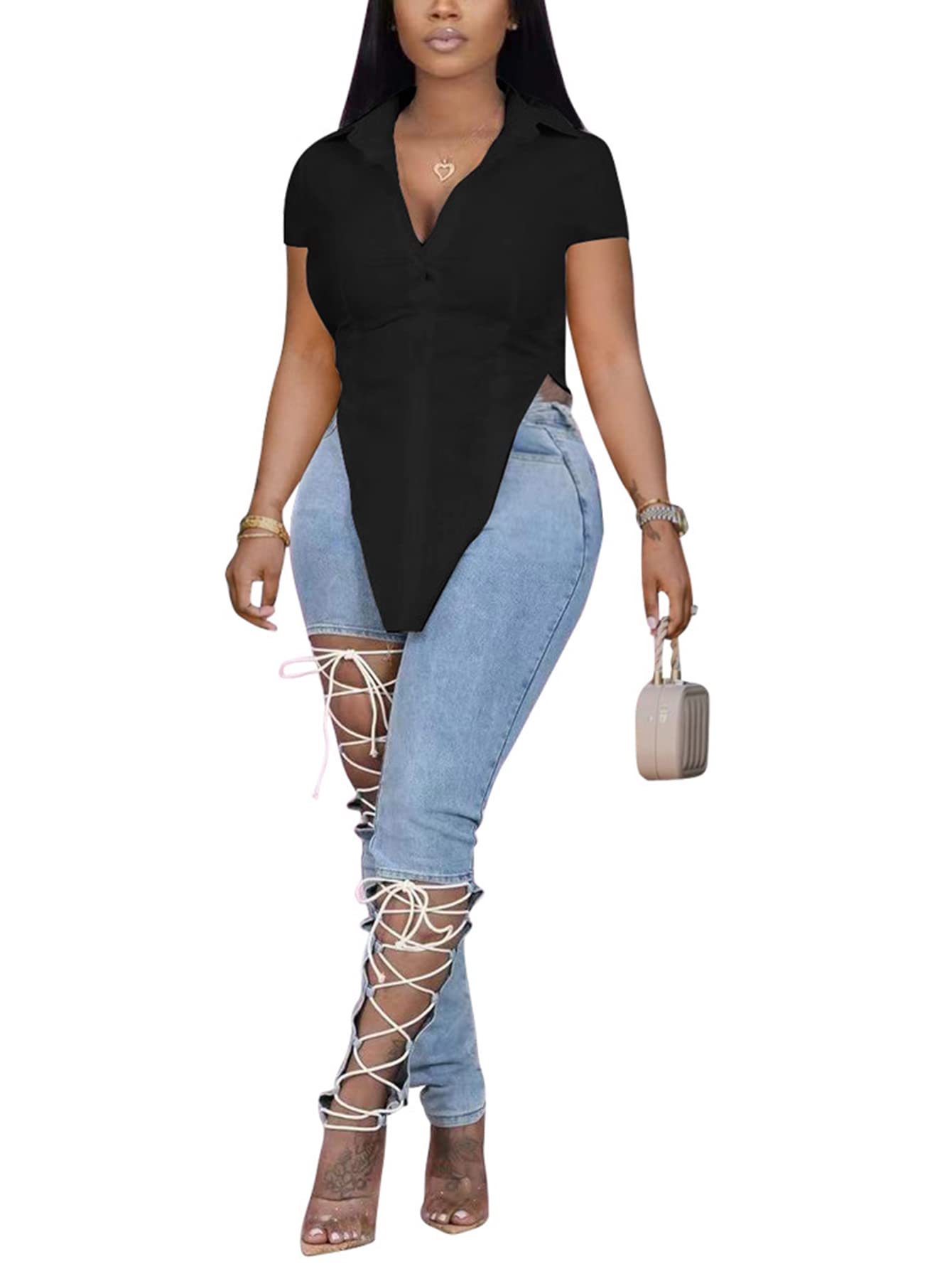 LYANER Women's V-Neck Collar Short Sleeve Slit Hem Button Front Long Shirt Blouse Top Solid Black XXX-Large