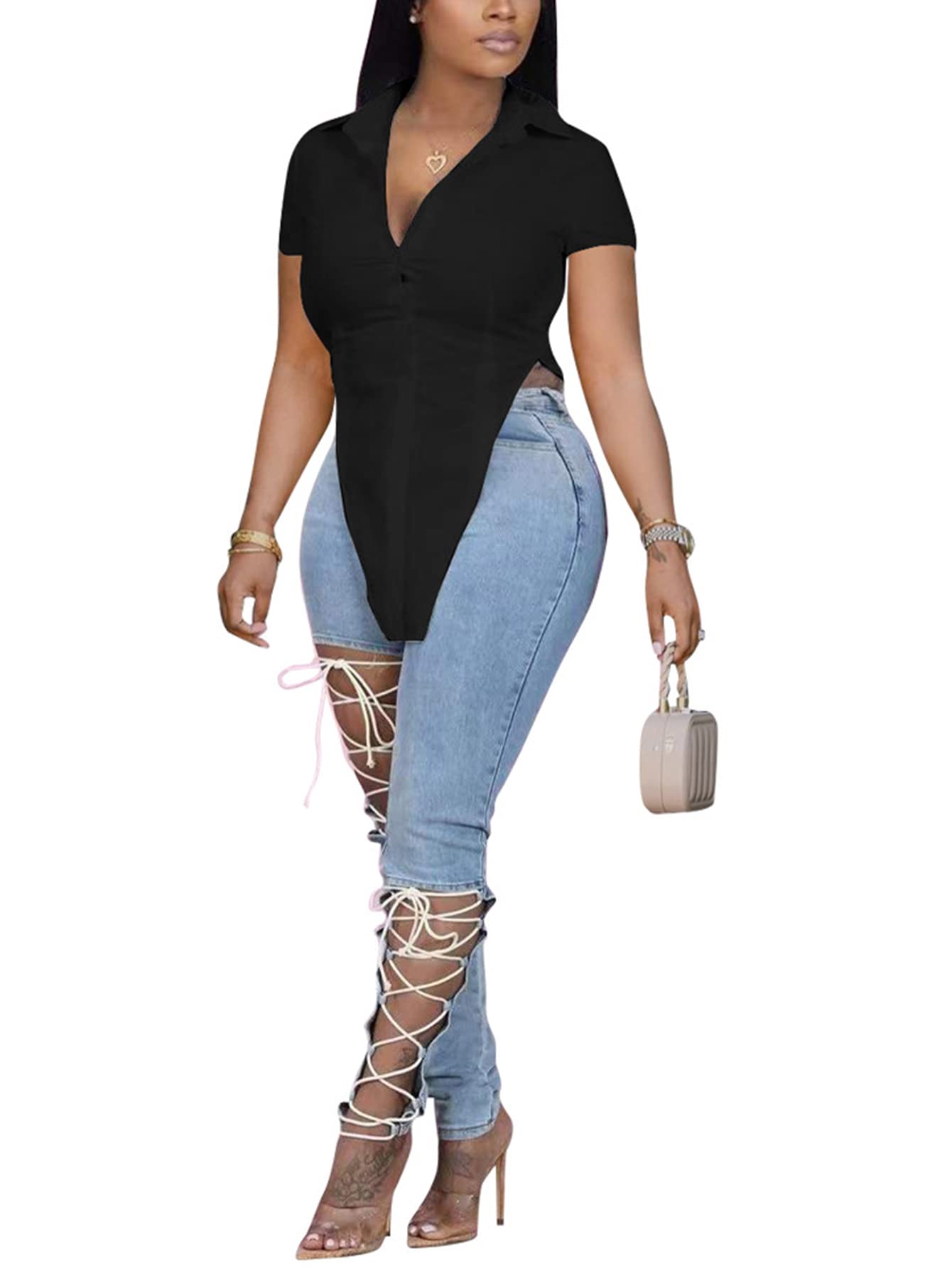 LYANER Women's V-Neck Collar Short Sleeve Slit Hem Button Front Long Shirt Blouse Top Solid Black XXX-Large