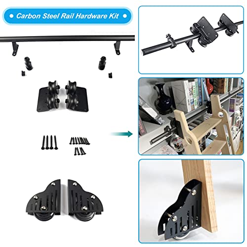 Rolling Library Ladder Hardware Kit, Sliding Barn Door Kit, Complete Set of Hardware for Sliding Ladder Hanging Rail + Extension Rail (No Ladder), with Floor Roller Wheels