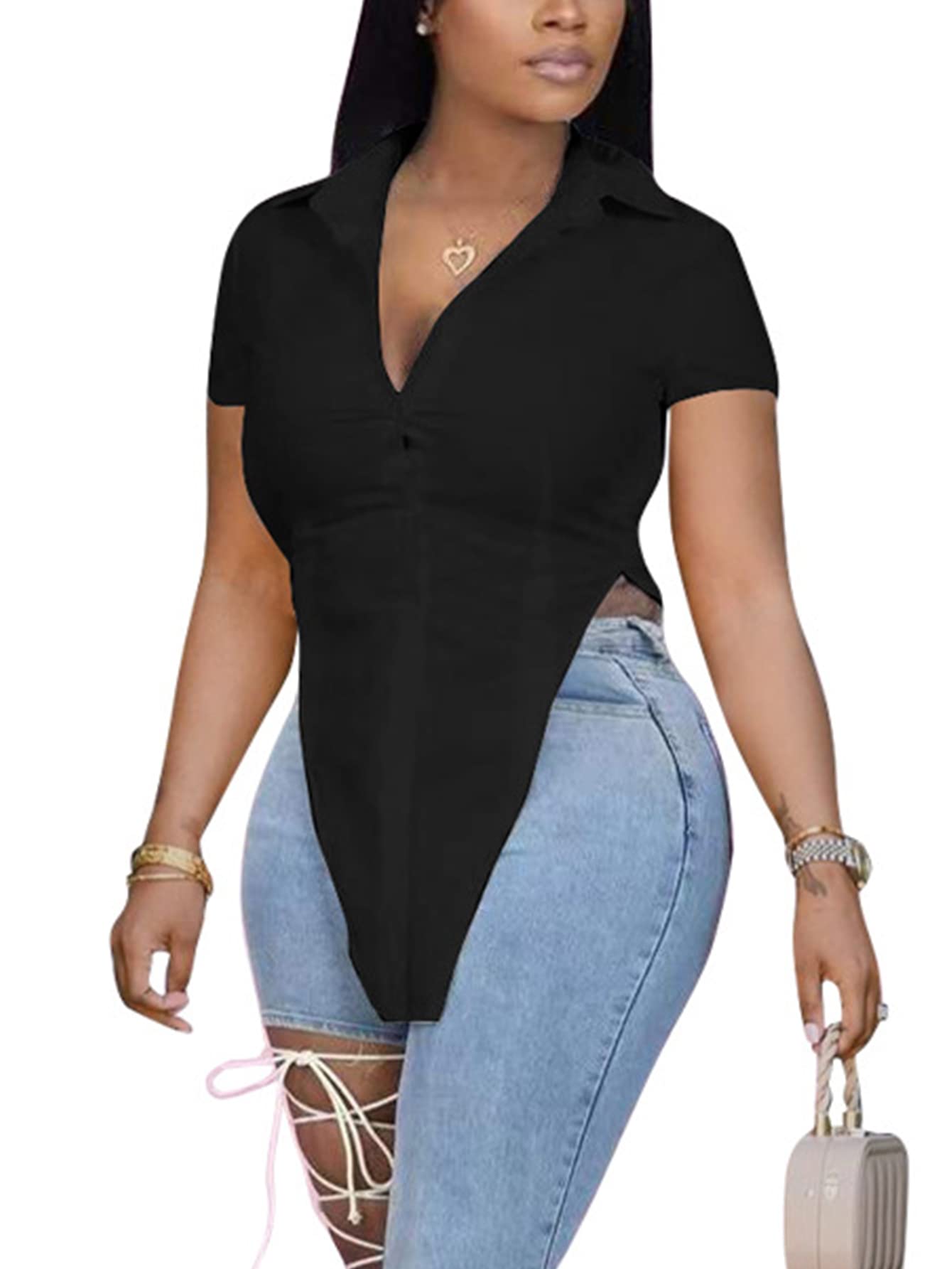 LYANER Women's V-Neck Collar Short Sleeve Slit Hem Button Front Long Shirt Blouse Top Solid Black XXX-Large