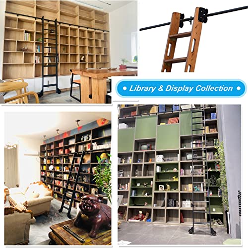 Rolling Library Ladder Hardware Kit, Sliding Barn Door Kit, Complete Set of Hardware for Sliding Ladder Hanging Rail + Extension Rail (No Ladder), with Floor Roller Wheels