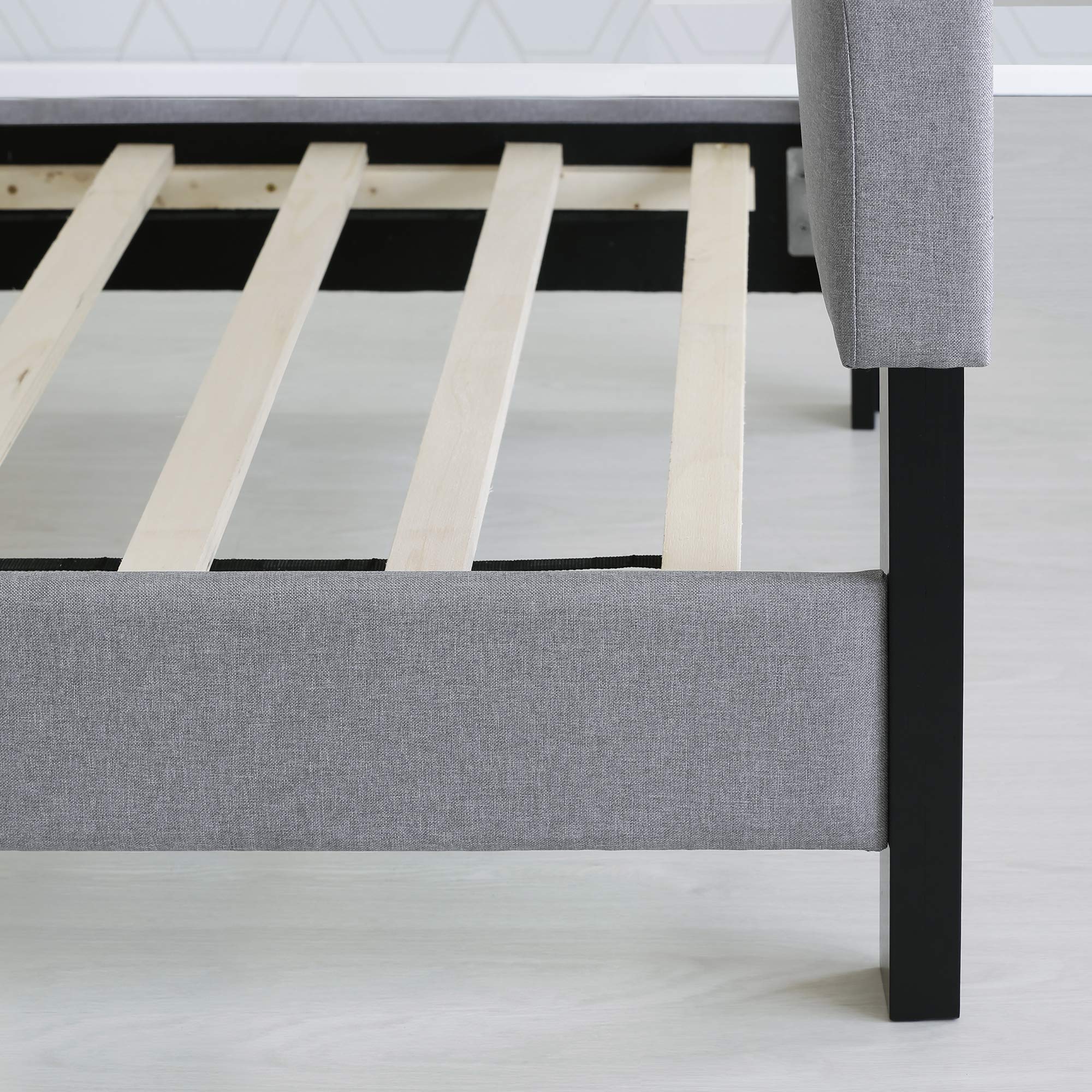 Furinno Laval Double Row Nail Head Upholstered Platform Bed Frame, Queen, Glacier