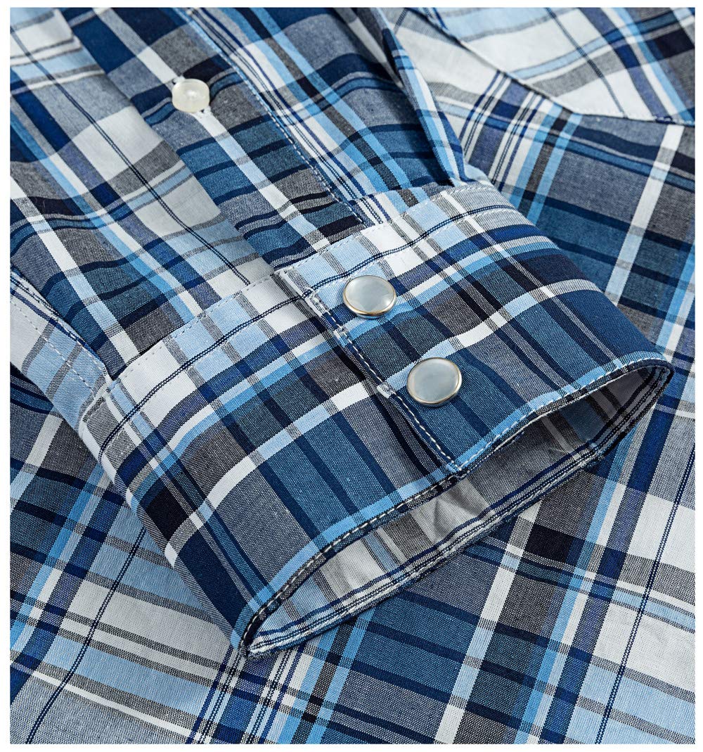 Western Shirts for Men with Snap Buttons Regular Fit Plaid Mens Long Sleeve Shirts Casual,Blue White 009, X-Large