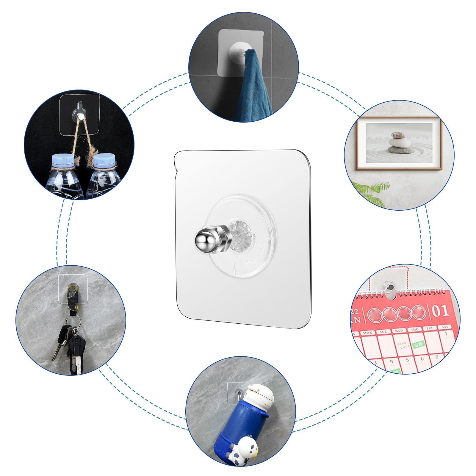 Wall Hangers Without Nails, 14 Pieces Self Adhesive Wall Hooks Heavy Duty Screw Free Sticker No Nail Picture Hangers Clear Pvc Sticker Hooks for Home Kitchen Bathroom Office Hanging Wall Mount