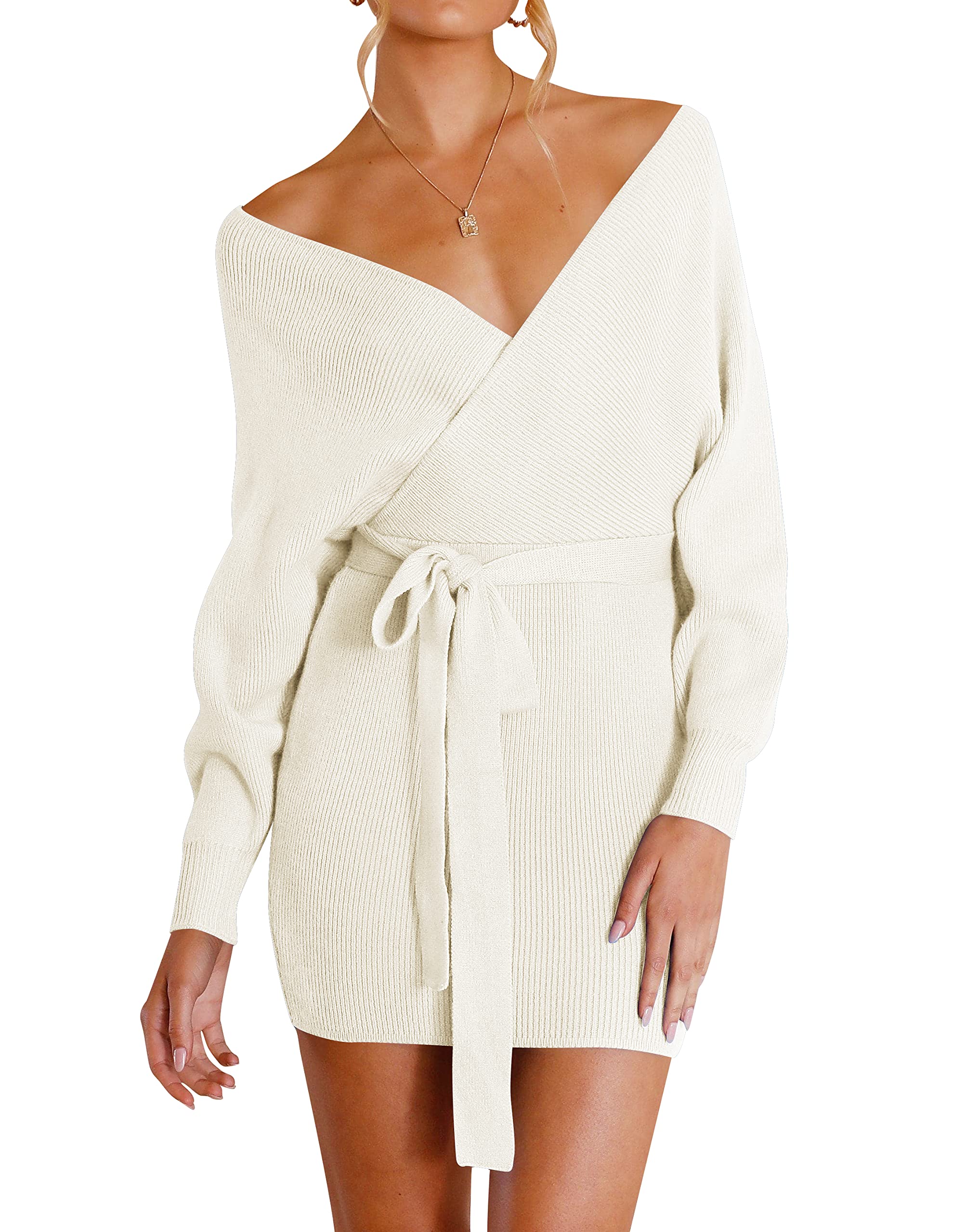 ZESICA Women's Fall Long Batwing Sleeve Wrap V Neck Knitted Backless Bodycon Pullover Sweater Dress with Belt,Apricot,Small