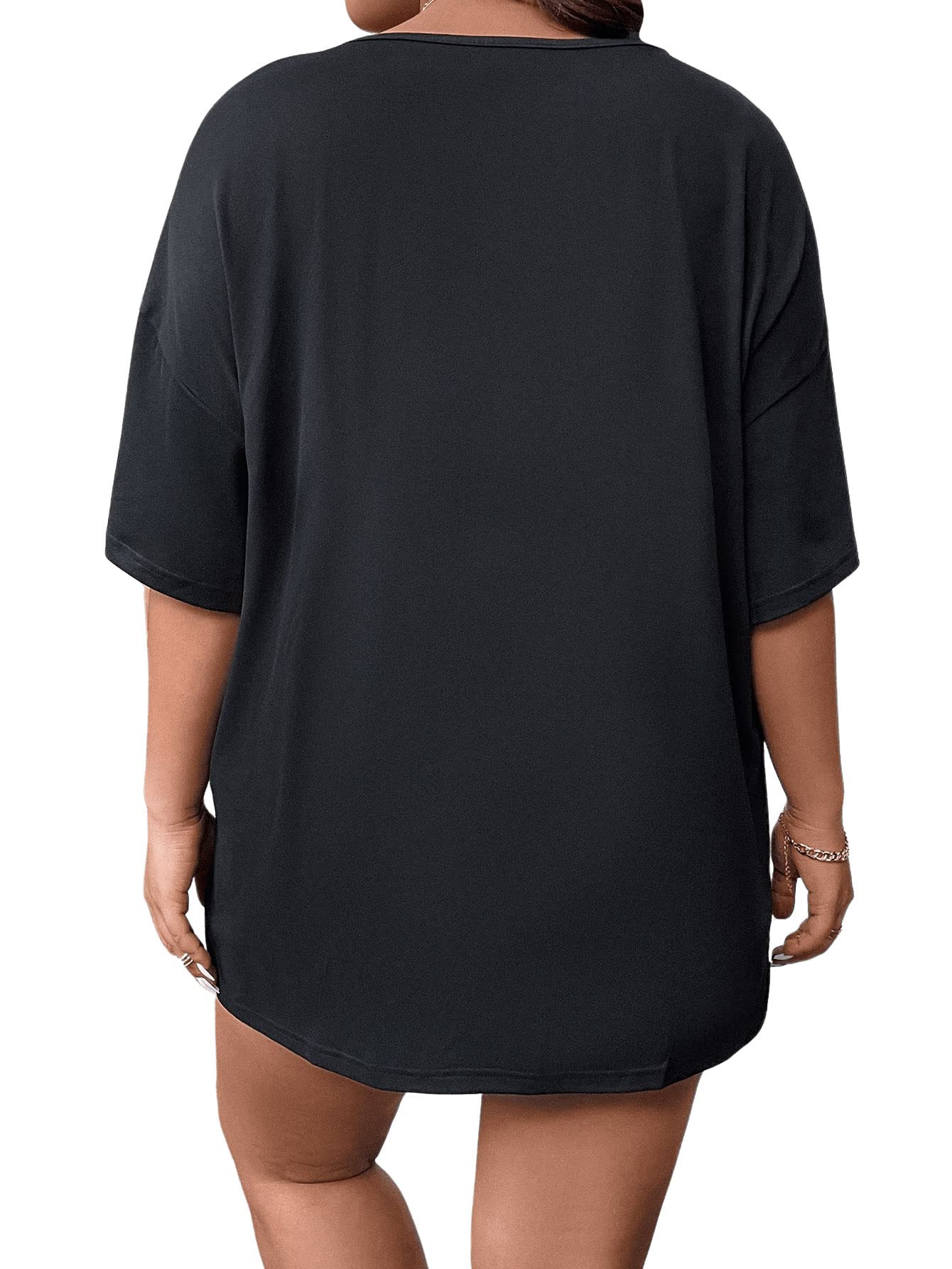 SOLY HUX Women's Plus Size Letter Graphic Tees Cut Out Deep V Neck Half Sleeve T Shirts Tops Black Graphic 2XL