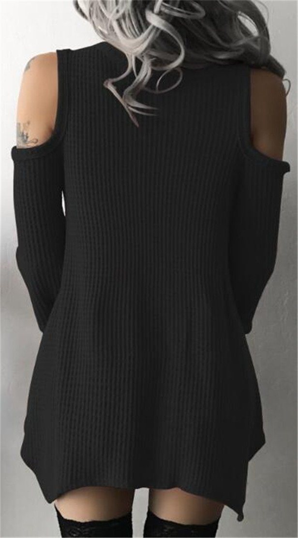 Hokny TD Womens Sexy V Neck Irregular Cold Shoulder Knit Mini Fashion Dress Black XS