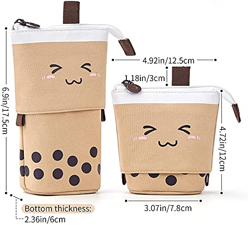 Pencil Case Standing Pen Holder Telescopic Makeup Pouch Pop Up Cosmetics Bag Stationery Office Organizer Box for Students Unsex Adults (Brown)