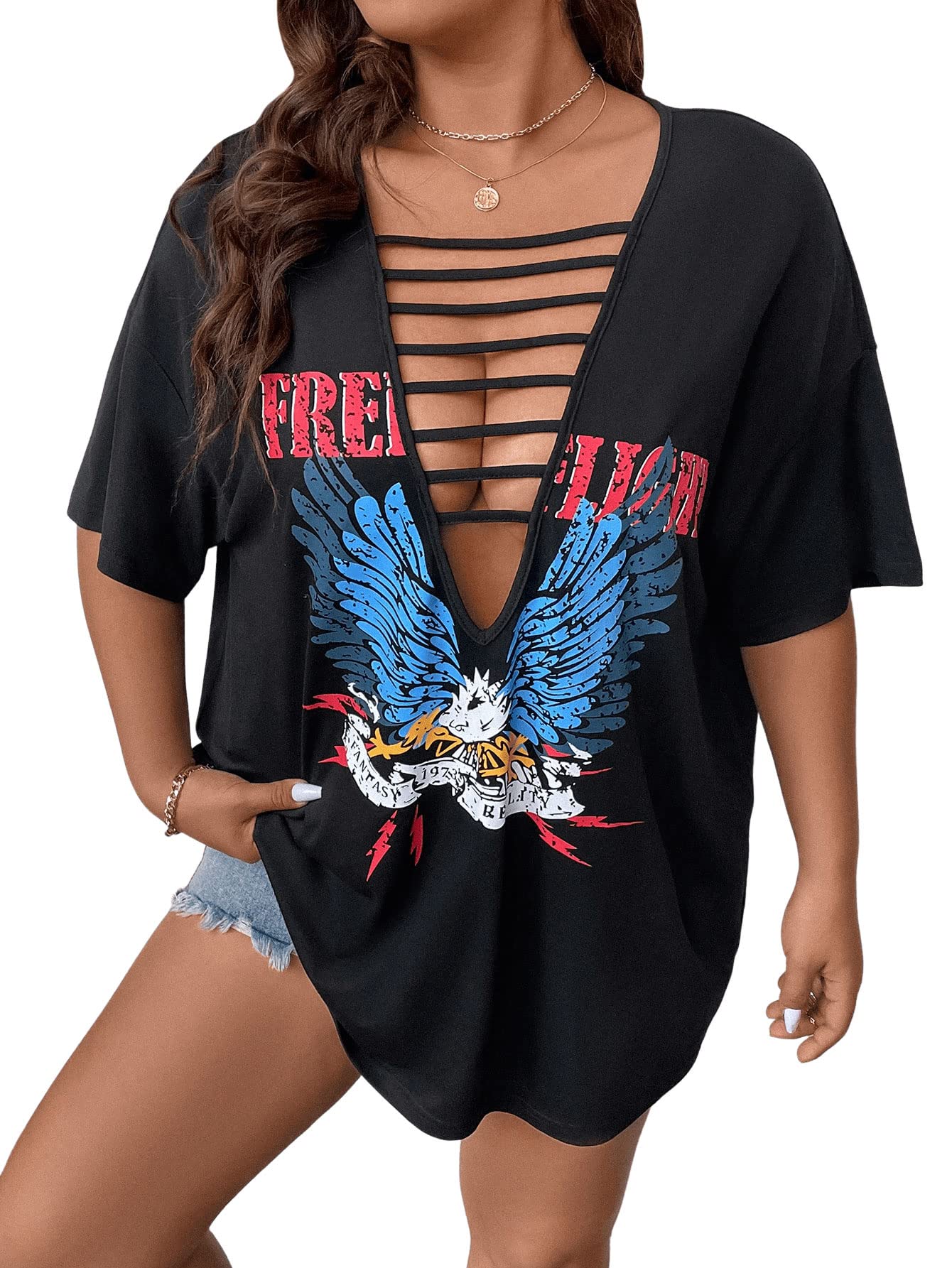 SOLY HUX Women's Plus Size Letter Graphic Tees Cut Out Deep V Neck Half Sleeve T Shirts Tops Black Graphic 2XL