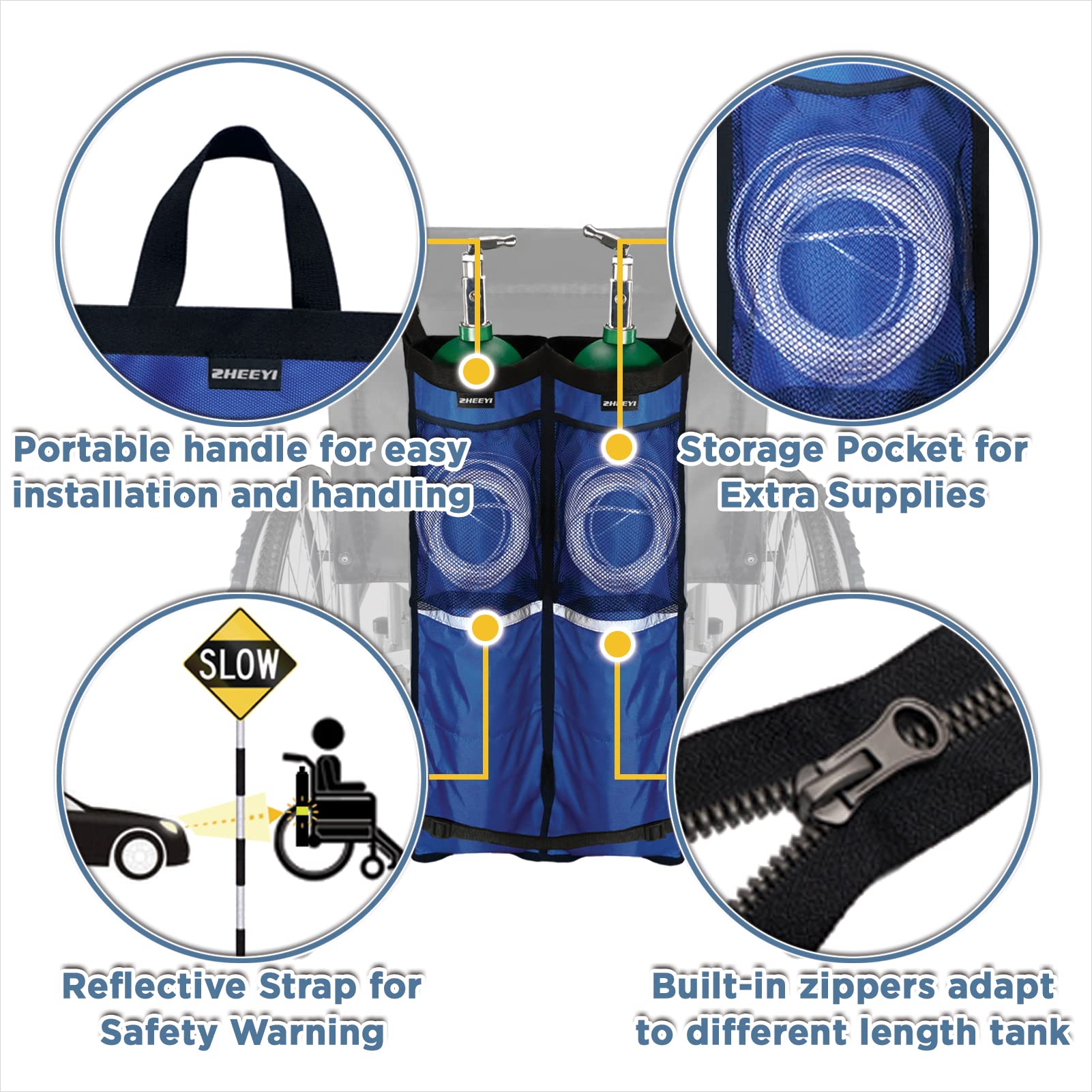 ZHEEYI Dual Oxygen Tank Holder for Wheelchiars, Oxygen Cylinder Bag with Adjustable Zippers and Mesh Storage Pockets Fits Most Oxygen cylinders, Blue