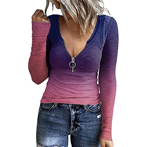 Sexy Tops for Women Long Sleeve Shirts Casual V Neck Tshirts Low Cut Blouses with Zipper Floral Graphic Tees Ribbed Knit Tunic Plus Size Loose Fit Clothes Fall Fashion My Spring(C-Hot Pink,X-Large)