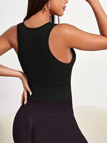 DYD Sexy Crop Tops for Women V Neck Ribbed Tank Tops Workout Seamless Racerback Top with Built in Bras Black