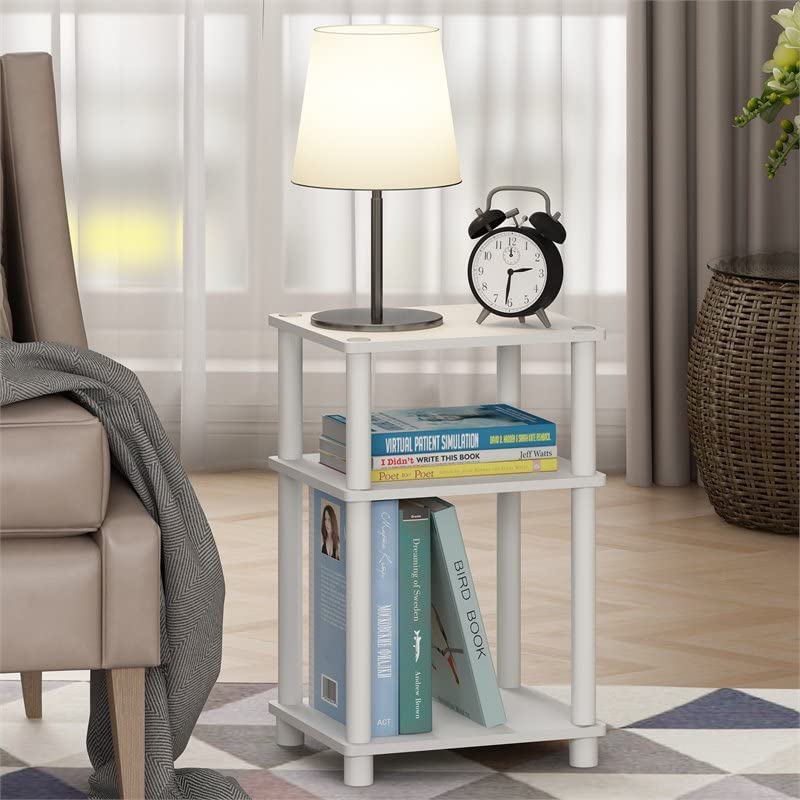 Furinno Just 3-Tier Turn-N-Tube End Table / Side Table / Night Stand / Bedside Table with Plastic Poles, 2-Pack, White/White and Furinno Luder Bookcase / Book / Storage, 5-Cube, White