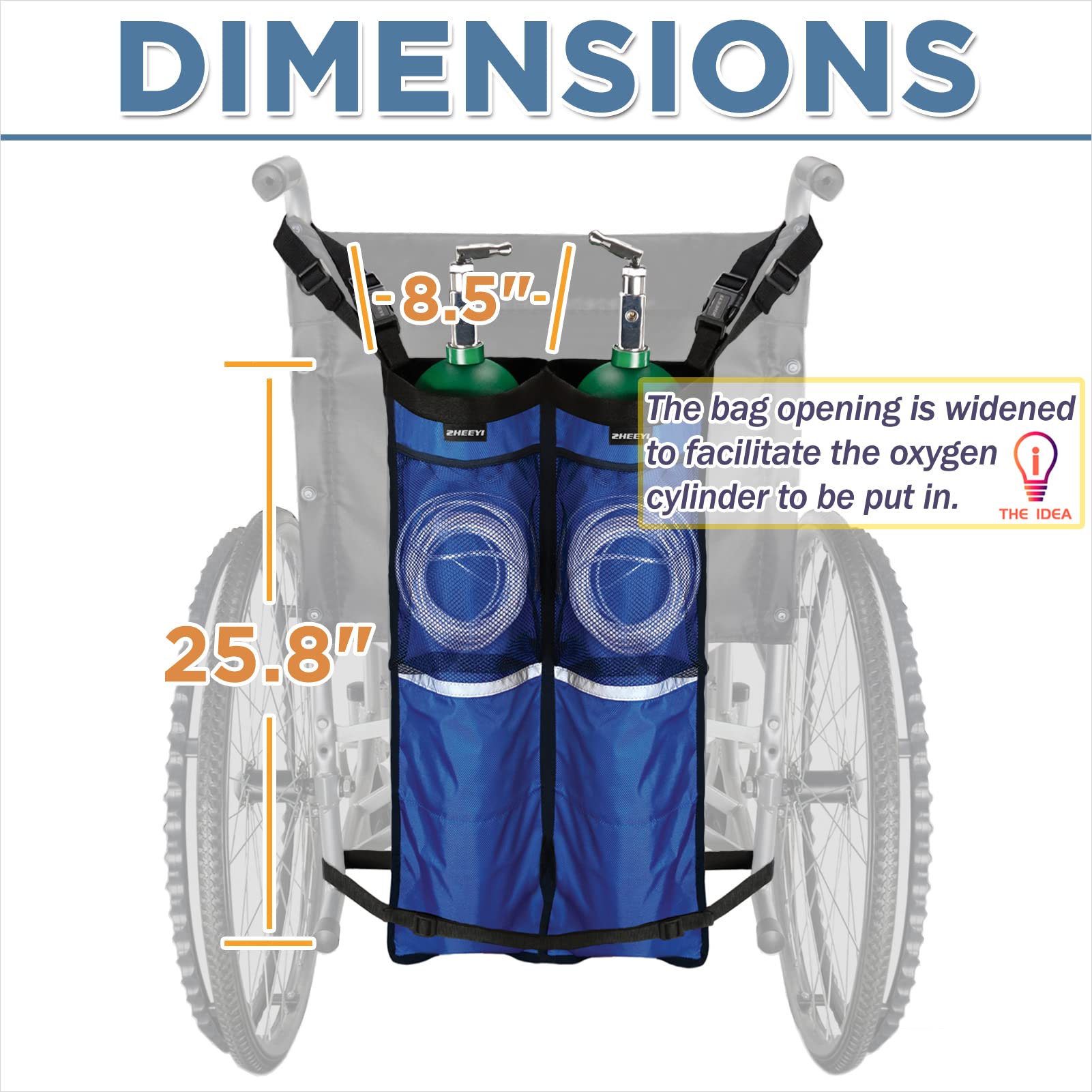 ZHEEYI Dual Oxygen Tank Holder for Wheelchiars, Oxygen Cylinder Bag with Adjustable Zippers and Mesh Storage Pockets Fits Most Oxygen cylinders, Blue