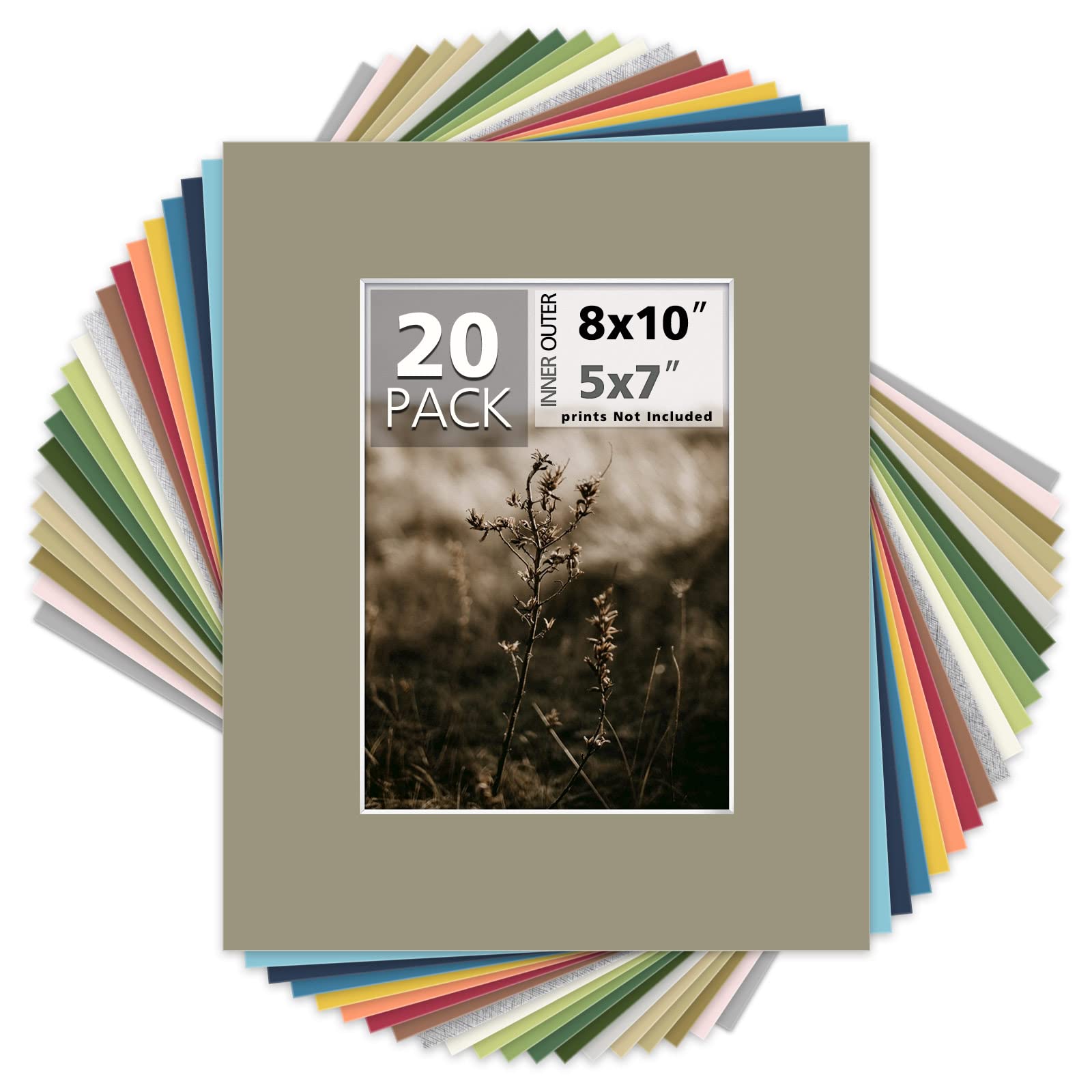 Mat Board Center, Pack of 20, Mixed Colors 8x10 Picture Mats Matting with White Core Bevel Cut for 5x7 Pictures