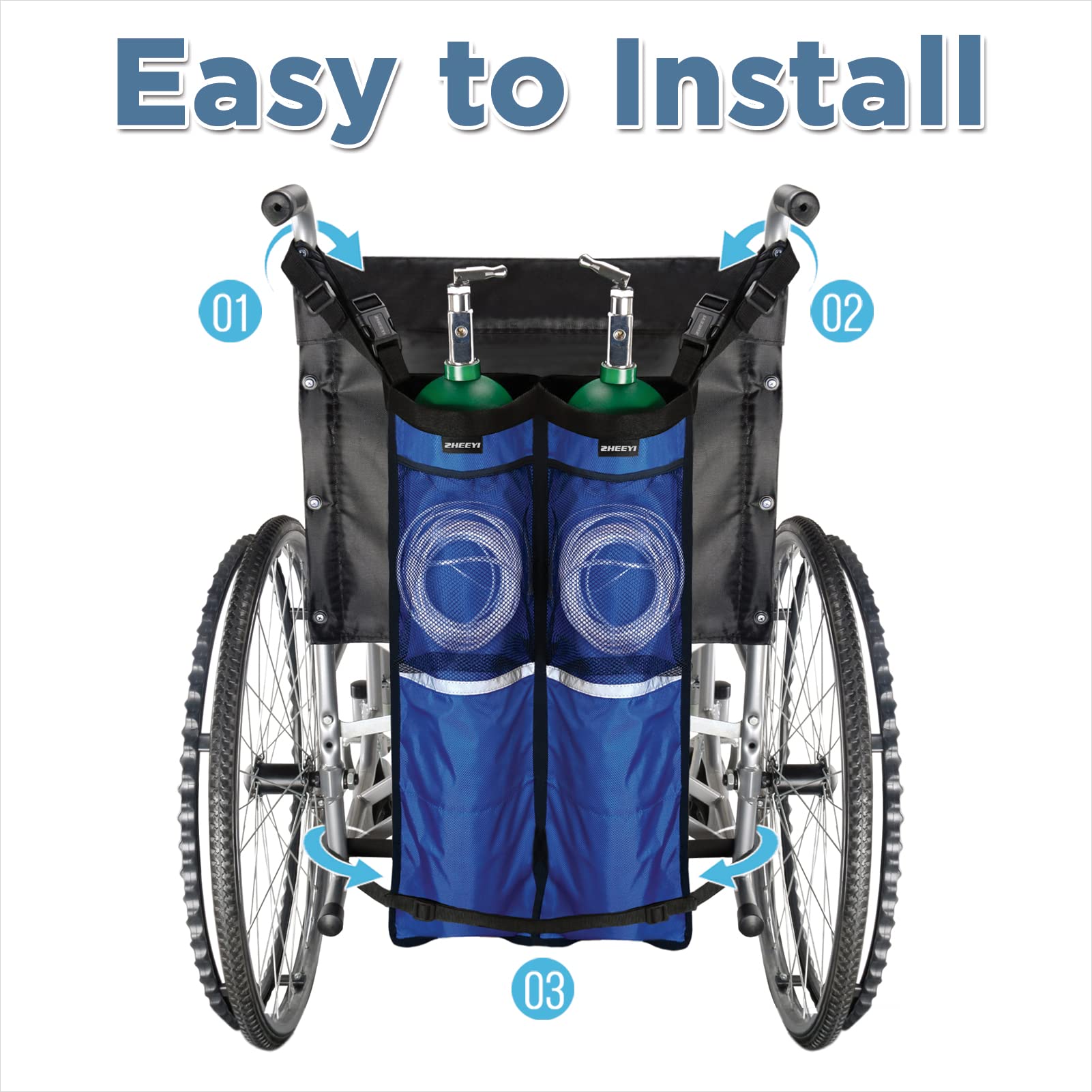 ZHEEYI Dual Oxygen Tank Holder for Wheelchiars, Oxygen Cylinder Bag with Adjustable Zippers and Mesh Storage Pockets Fits Most Oxygen cylinders, Blue