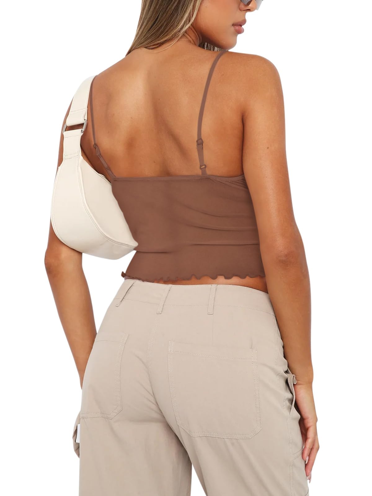 REORIA Women's Summer Sexy V Neck Sleeveless Adjustable Spaghetti Strap Sheer Mesh See Through Going Out Trendy Cami Camisole Y2k Crop Tops Coffee Small