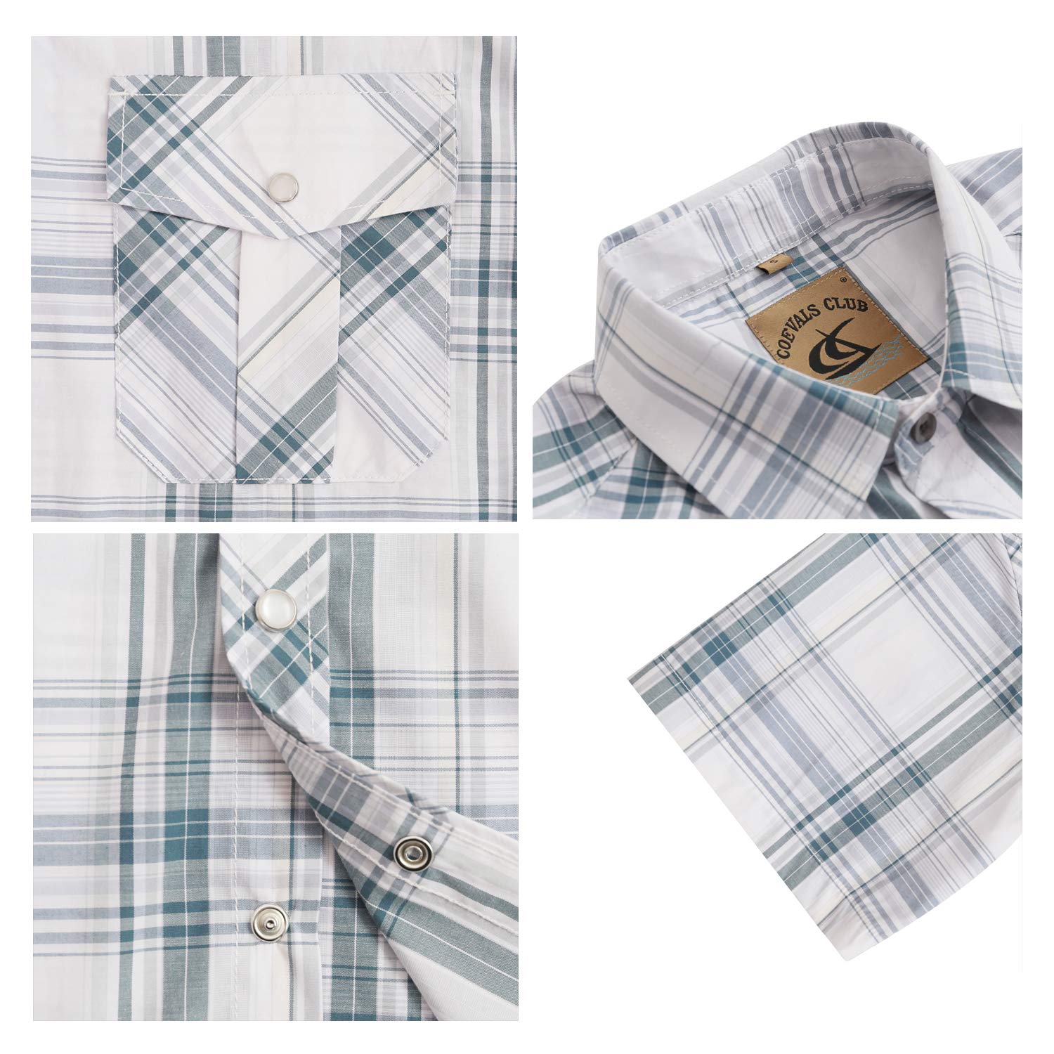 COEVALS CLUB Men's Western Cowboy Short Sleeve Pearl Snap Casual Plaid Work Shirts (White Plaid #28 L)