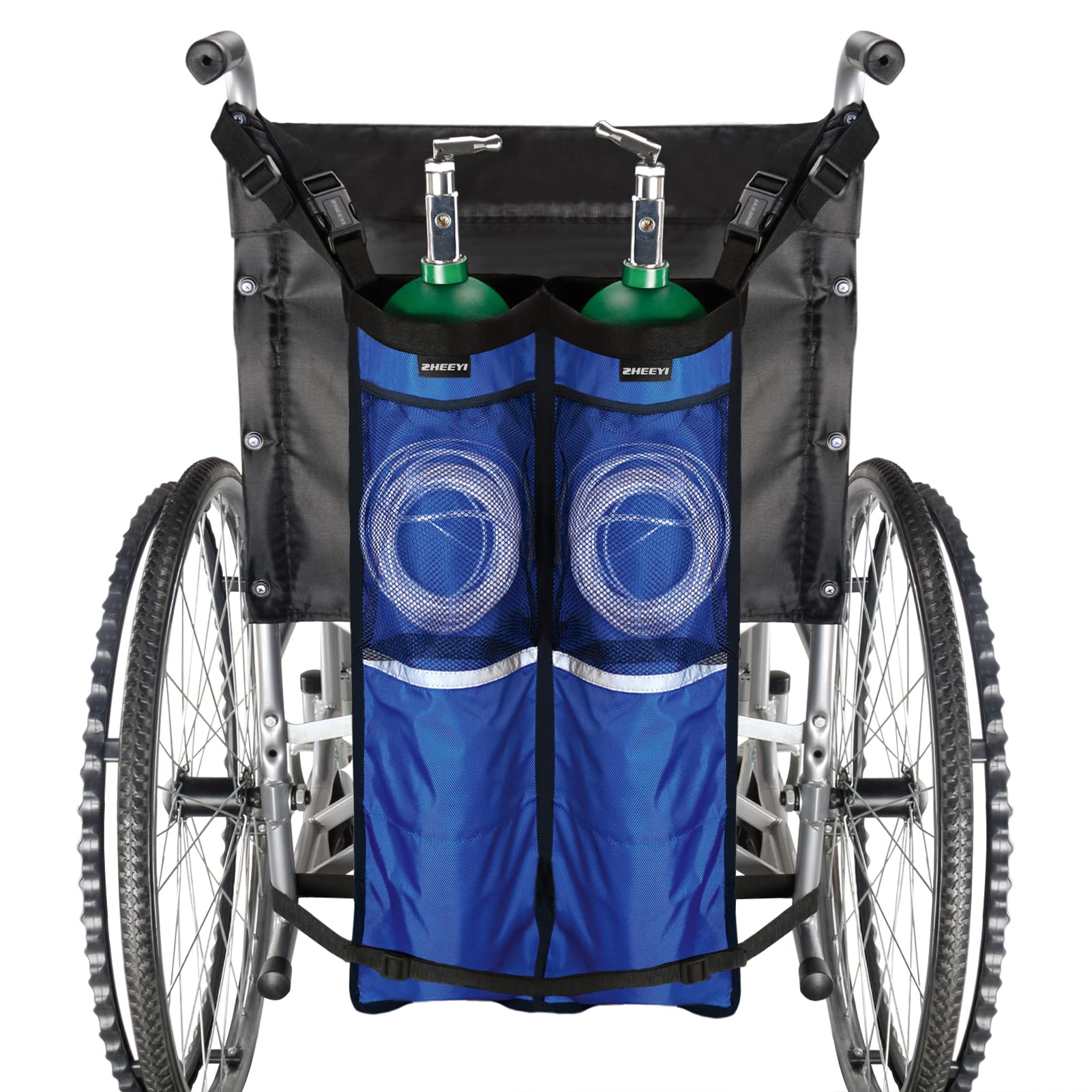 ZHEEYI Dual Oxygen Tank Holder for Wheelchiars, Oxygen Cylinder Bag with Adjustable Zippers and Mesh Storage Pockets Fits Most Oxygen cylinders, Blue