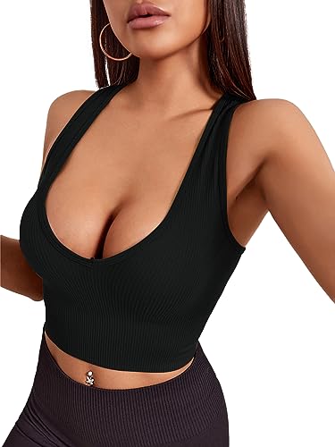 DYD Sexy Crop Tops for Women V Neck Ribbed Tank Tops Workout Seamless Racerback Top with Built in Bras Black