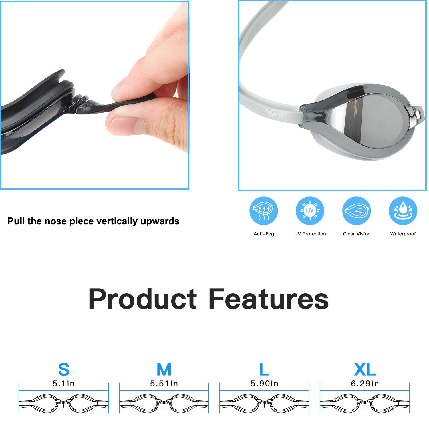 PHELRENA Swimming Goggles, with Scale Head Strap Swim Goggles, Clear Vision Anti Fog & Glare No Leaking for Adult Kids