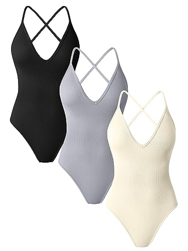 TOB Women's 3 Piece Bodysuits Sexy Ribbed V Neck Adjustable Spaghetti Strips Tops Bodysuits Black Grey Beige