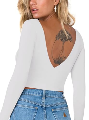 REORIA Womens Sexy Casual Plunge Deep V Neck Long Sleeve V Backless Double Lined T Shirts Fall Trendy Going Out Fitted Crop Tops Tees White Large