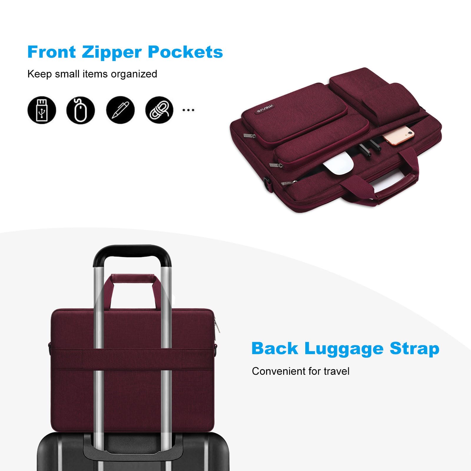 MOSISO Laptop Shoulder Bag Compatible with MacBook Air 15 M3 M2 2024 2023/Pro 16 inch M4 M3 M2 M1,15-15.6 inch Notebook with 2 Raised&1 Flapover&1 Horizontal Pocket&Handle&Belt, Wine Red