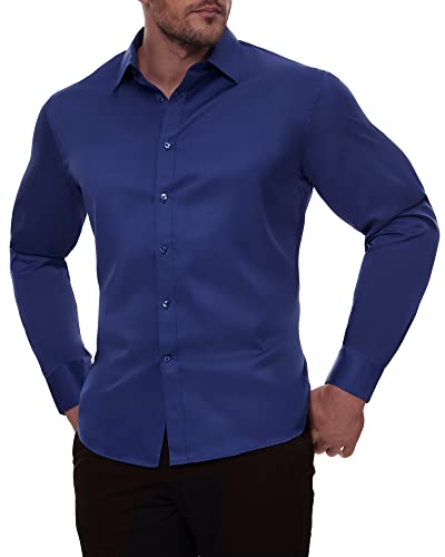 Alimens & Gentle Men's Dress Shirts Transitional Weather Long Sleeve Stretch Wrinkle-Free Button Down Navy
