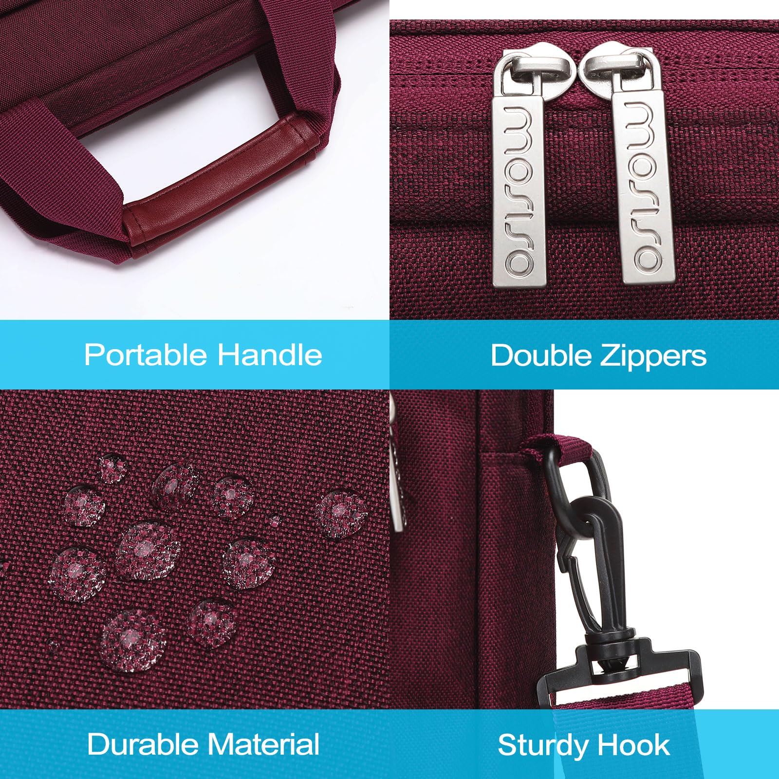 MOSISO Laptop Shoulder Bag Compatible with MacBook Air 15 M3 M2 2024 2023/Pro 16 inch M4 M3 M2 M1,15-15.6 inch Notebook with 2 Raised&1 Flapover&1 Horizontal Pocket&Handle&Belt, Wine Red