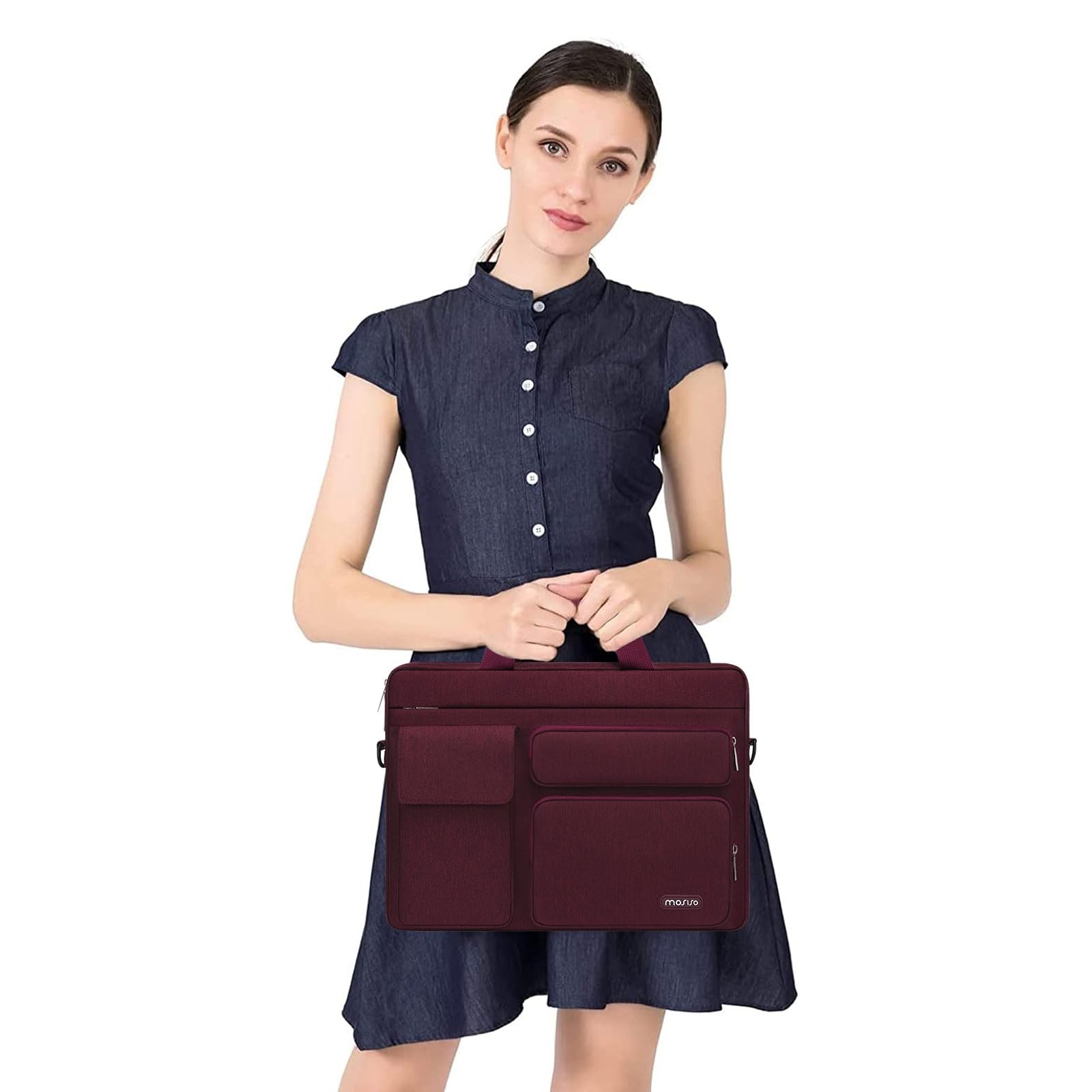 MOSISO Laptop Shoulder Bag Compatible with MacBook Air 15 M3 M2 2024 2023/Pro 16 inch M4 M3 M2 M1,15-15.6 inch Notebook with 2 Raised&1 Flapover&1 Horizontal Pocket&Handle&Belt, Wine Red