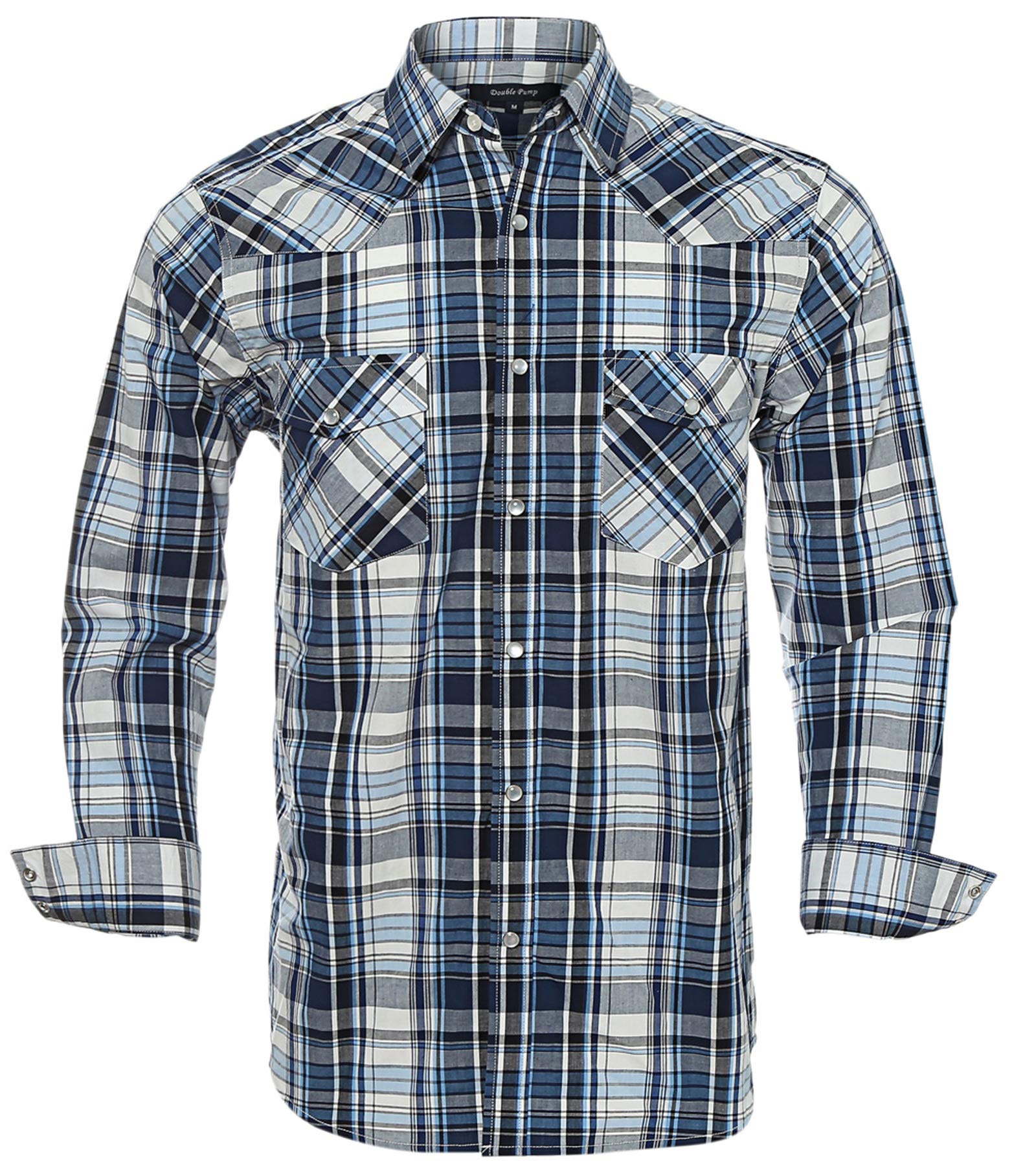 Western Shirts for Men with Snap Buttons Regular Fit Plaid Mens Long Sleeve Shirts Casual,Blue White 009, X-Large