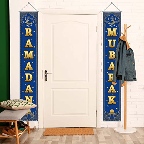 FARMNALL Eid Ramadan Mubarak Porch Banner Ramadan Decorations Moon and Star Mosque Lattern Islamic Front Door Sign Wall Hanging Decorations and Supplies for Home Office