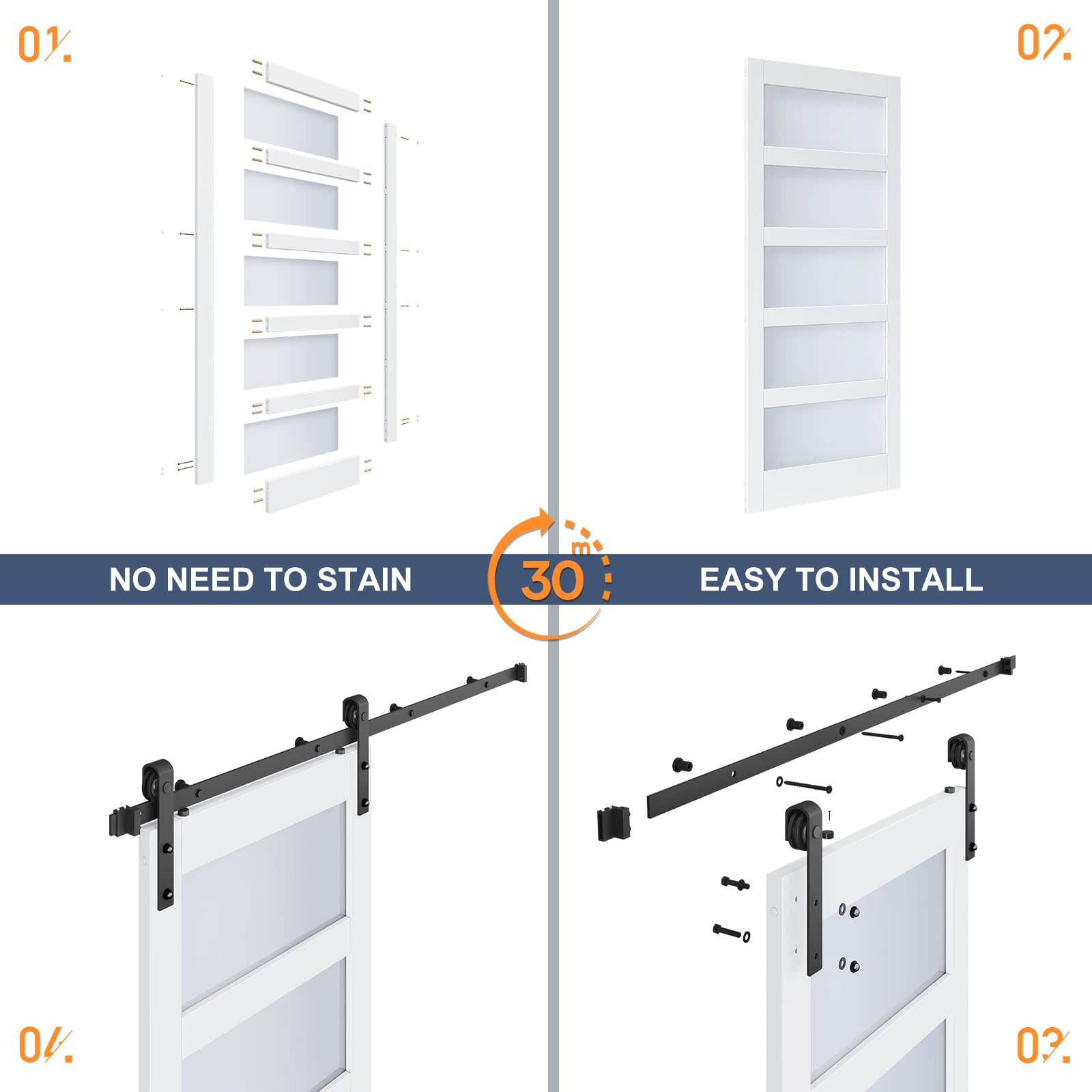 ROYMELO 30x84 Inch Glass Sliding Barn Door Slab and 5.5ft Hardware Kit Included, 5 Frosted Glass, LVL Wood Panel Covered with White Water-Proof Scratch-Proof PVC Surface, Simple DIY Assembly
