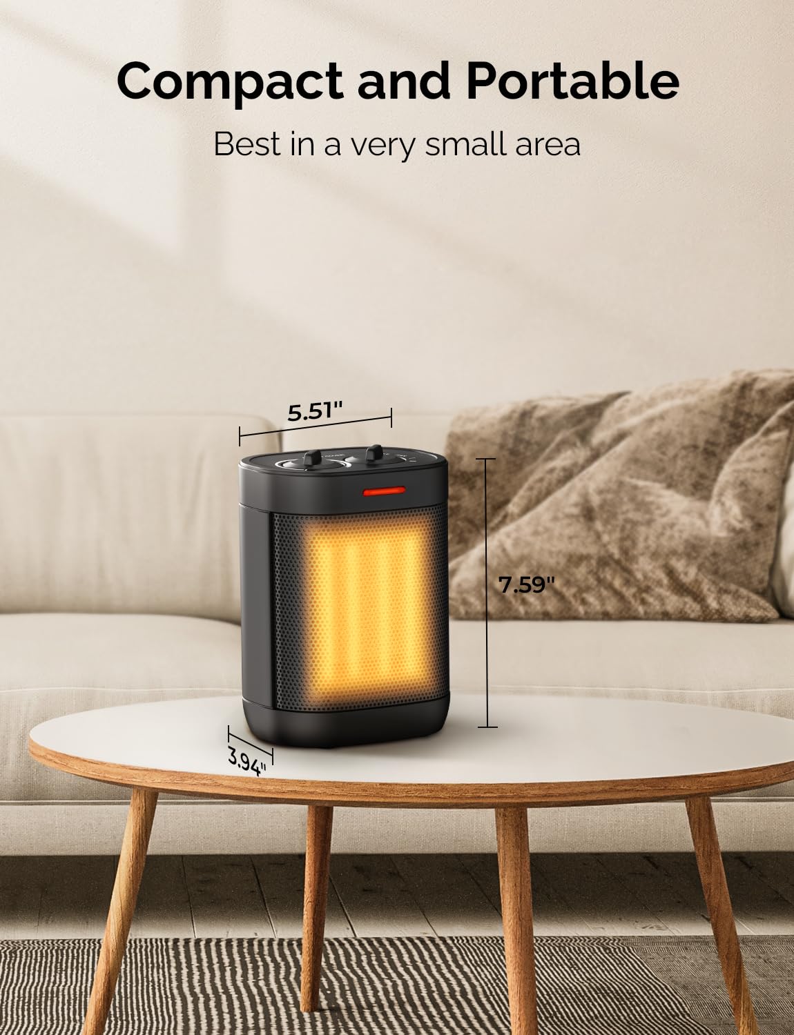 1000W Small Space Heaters for Indoor Use, PTC Ceramic Personal Heater with Overheating & Tip-Over Protection, Quiet Heating for Desktop Office Home