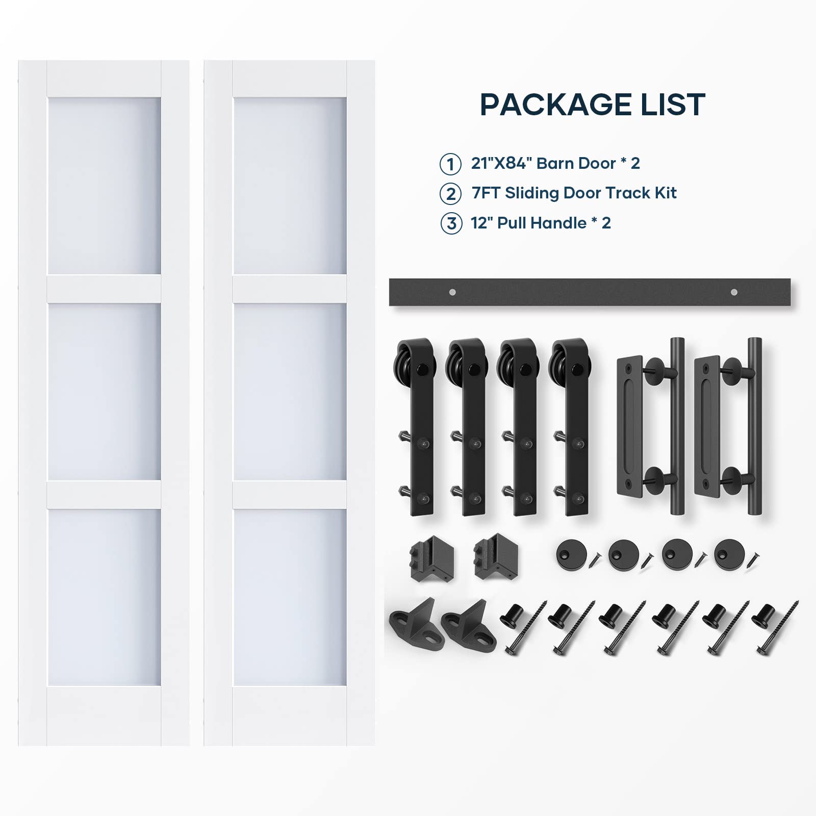 EaseLife 42in x 84in (Double 21in×84in Door) Glass Barn Door with 7FT Sliding Double Door Hardware Kit Included & Handle,Solid MDF Inside Covered with Water-Proof PVC Surface,3-Panel Glass,White
