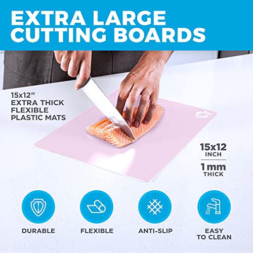 Extra Thick Pastel Flexible Plastic Cutting Board Mats with Food Icons & EZ-Grip Waffle Back, (Set of 6) Dishwasher Safe